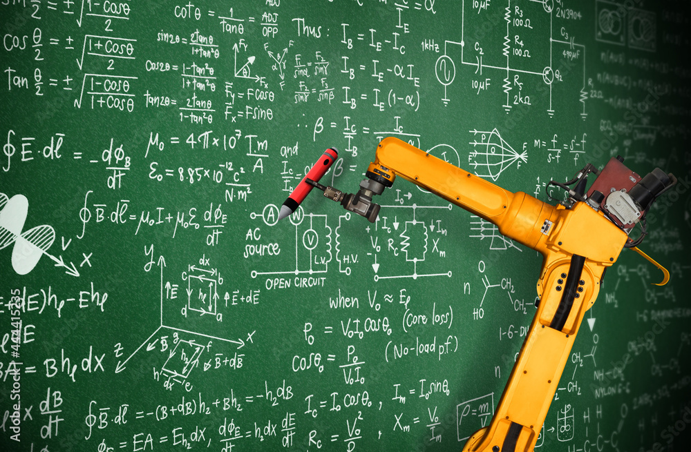 Robot arm AI analyzing mathematics for mechanized industry problem ...