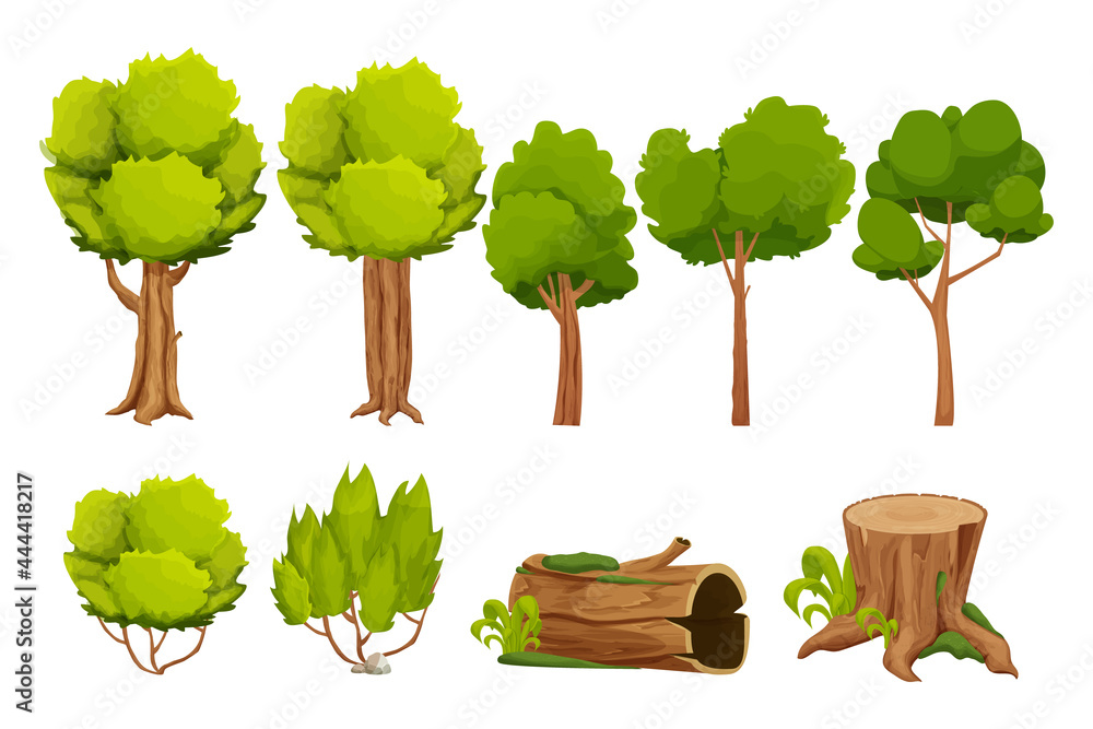 Forest nature elements landscape set with tree, stump, old trunk, bush ...