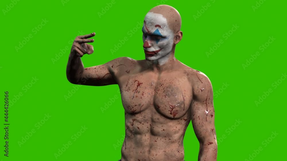 A scary, creepy clown makes the final countdown with his fingers ...