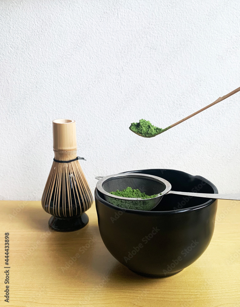 Matcha green tea power with sieve, Chasen whisk, Chashaku spoon and ...