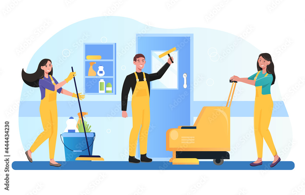 Male and female cleaning staff is working in office building. Concept ...
