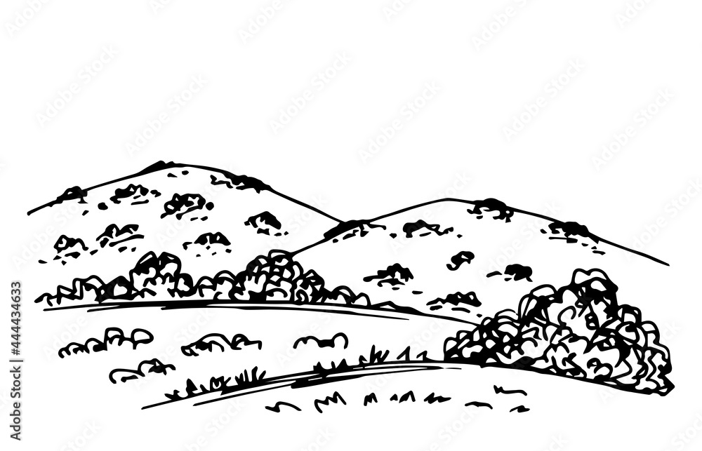 Simple hand-drawn vector black outline drawing. Hilly terrain ...