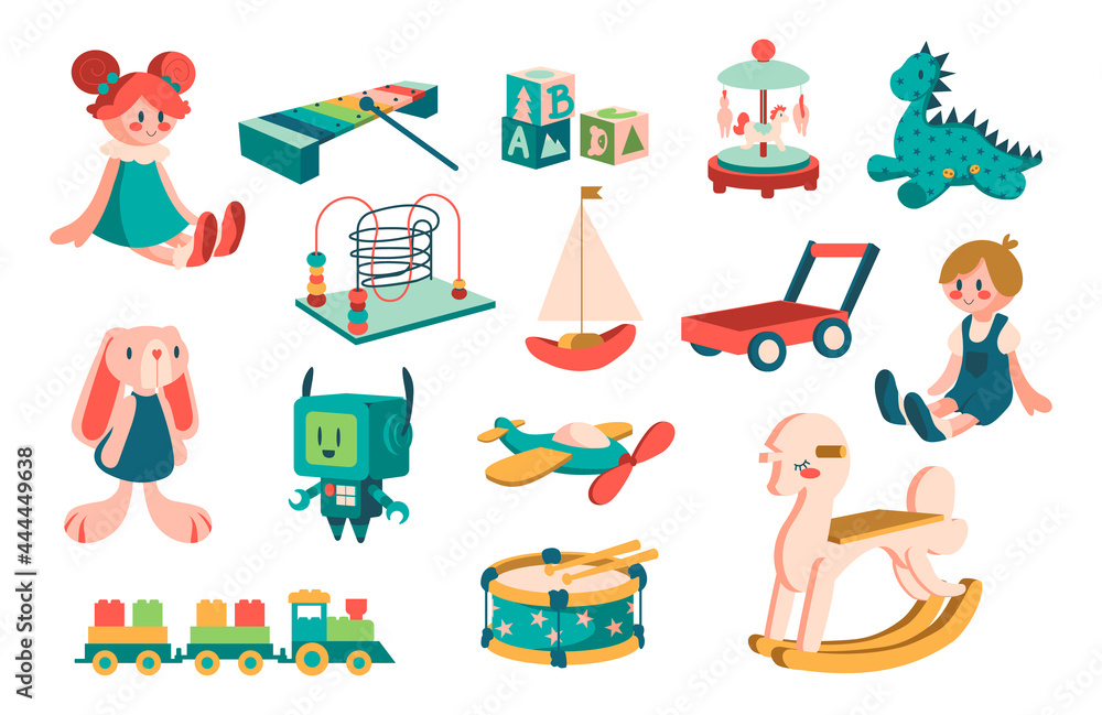 Kid toys. Cartoon cute children dolls and robots for play and education ...