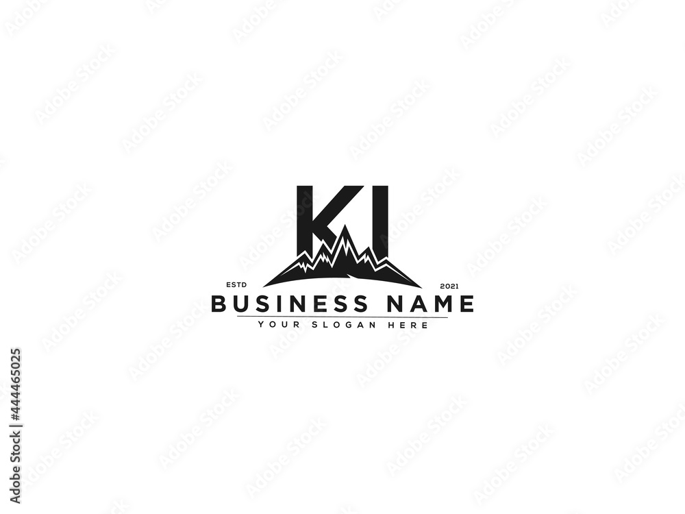 Letter KI Logo, line art ki mountain logo icon vector for river forest ...