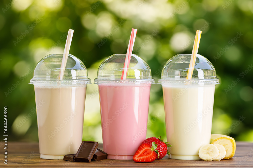 set of different milkshakes in disposable plastic glasses ภาพถ่ายสต็อก ...