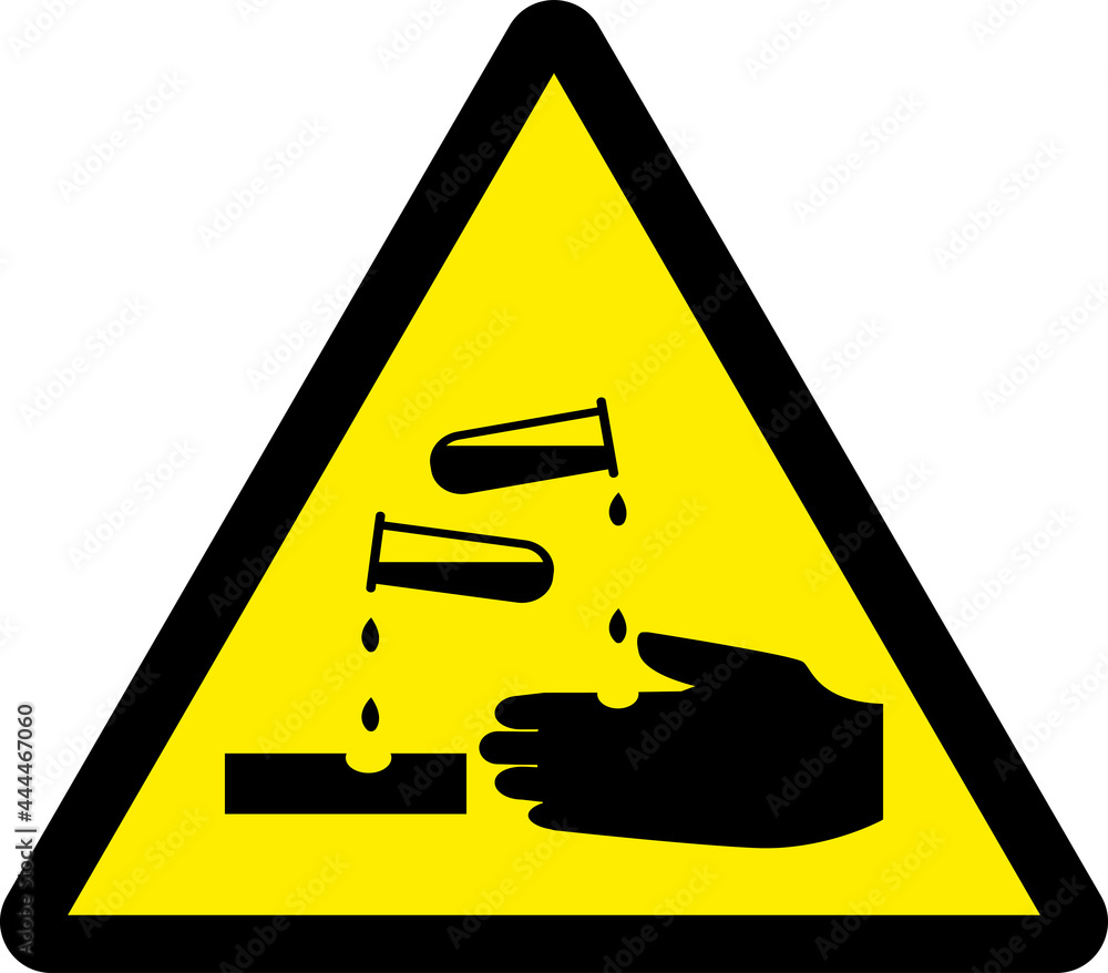 Corrosive warning sign. Black on yellow triangle background. Hazardous ...