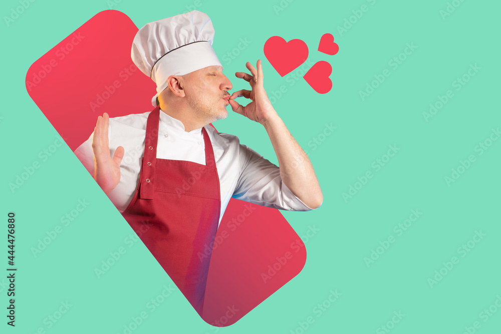 Cook makes a delicious gesture with his hands. Chef in white-red robe ...
