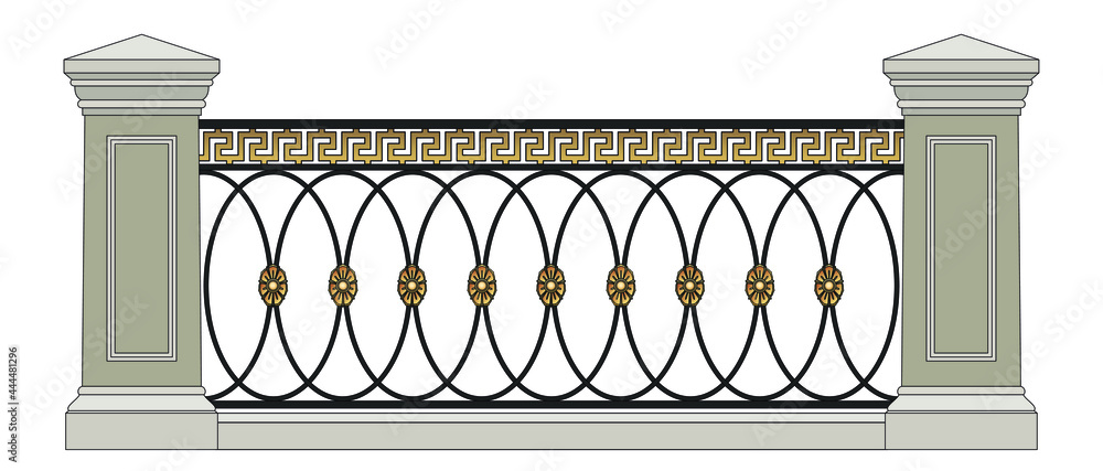 Classic Iron Railings With Pillars. Meander. Gold Decor. Vintage ...