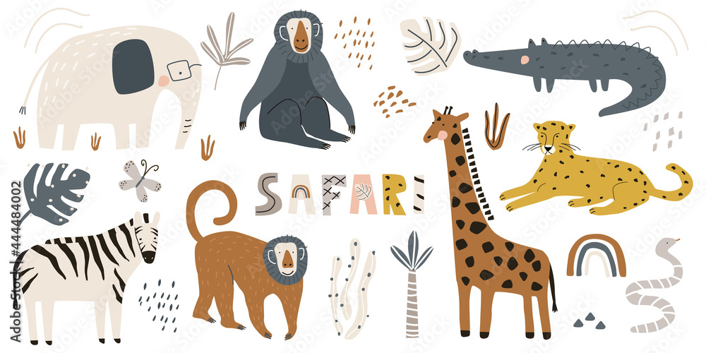 Seamless pattern with cute exotic animals monkeys, rainbows and exotic ...