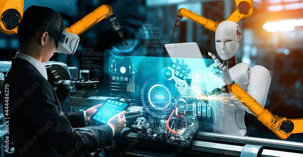 Mechanized industry robot and human worker working together in future ...