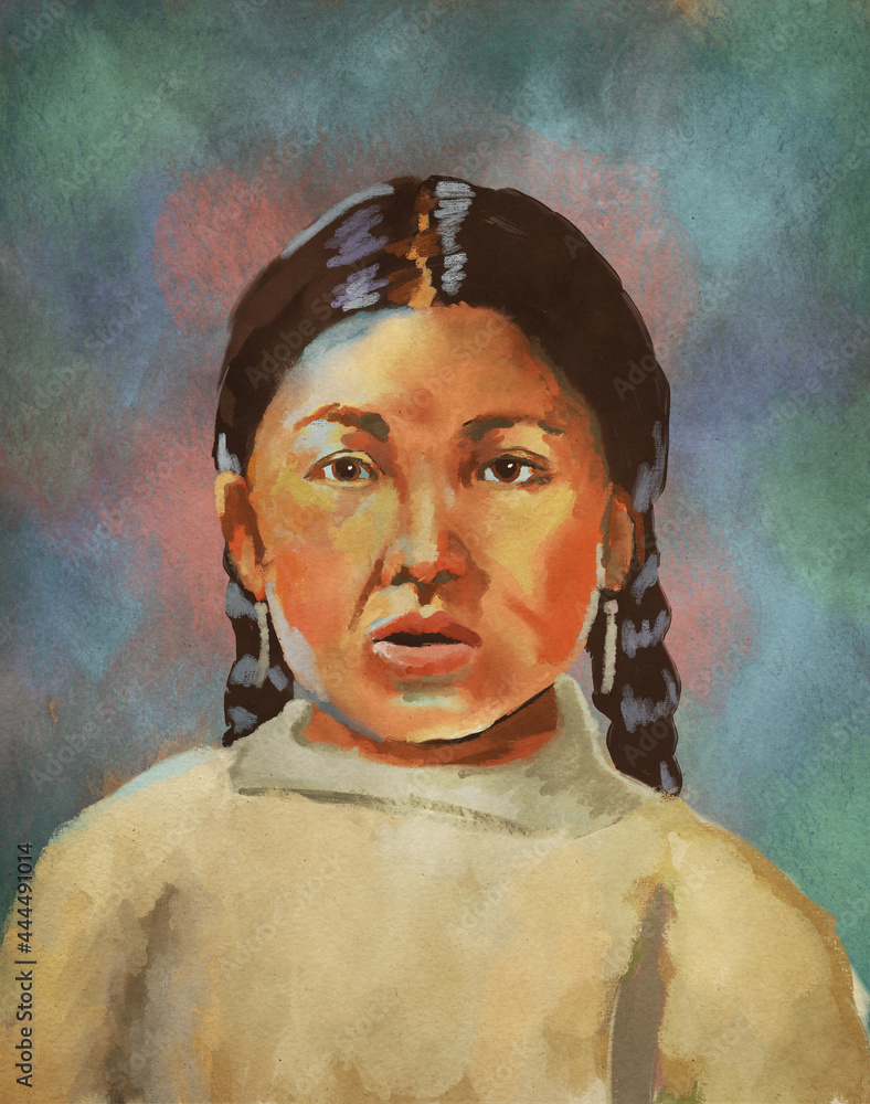 Painterly illustration of a beautiful Indigenous girl with braids ...