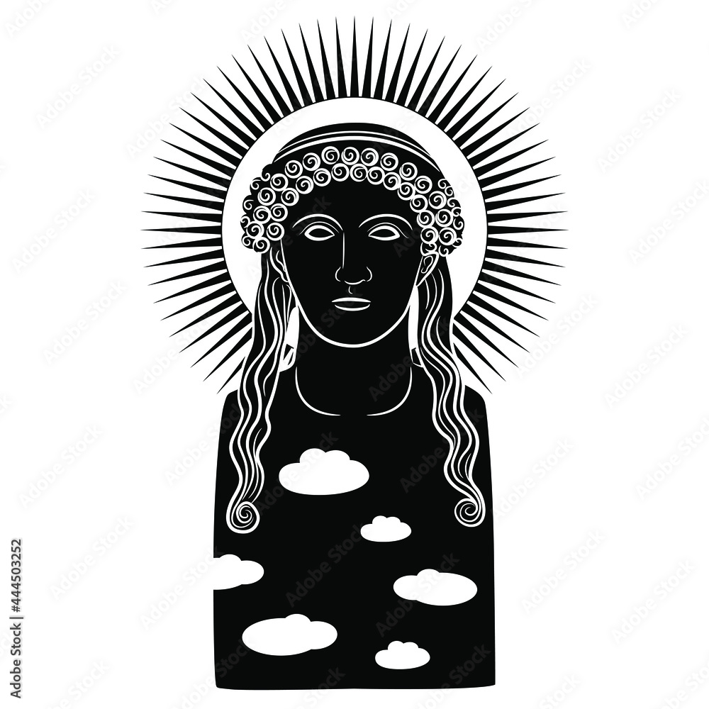 Antique goddess as sunny day with clouds and solar nimbus. Creative ...