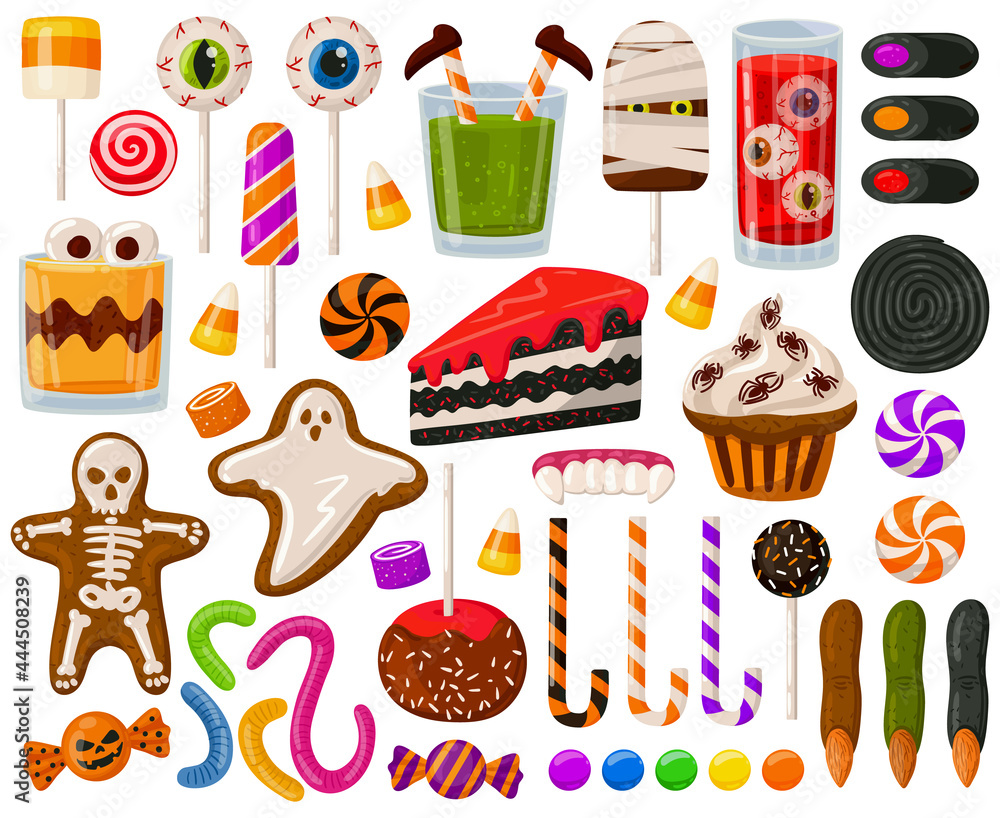 Cartoon halloween candies. Halloween spooky sweets, chocolate candy and ...
