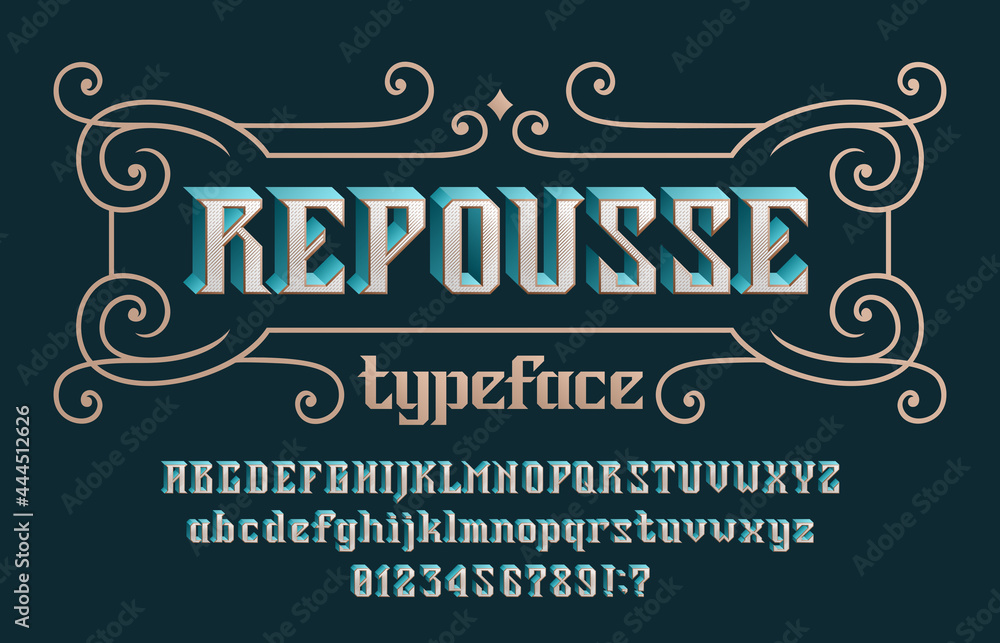 Repousse alphabet font. Vintage 3d letters, numbers and symbols for ...