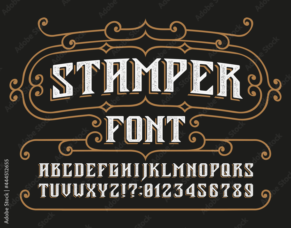 Plakat czcionka alfabetu pieczątki. Vintage niechlujne litery, cyfry i ...