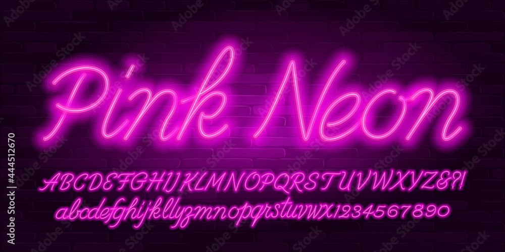 Pink Neon alphabet font. Hand written script letters, numbers and ...