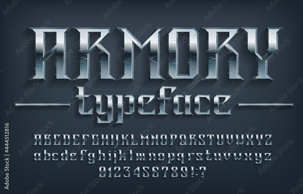 Vetor de Armory alphabet font. Scratched metal vintage letters, numbers ...