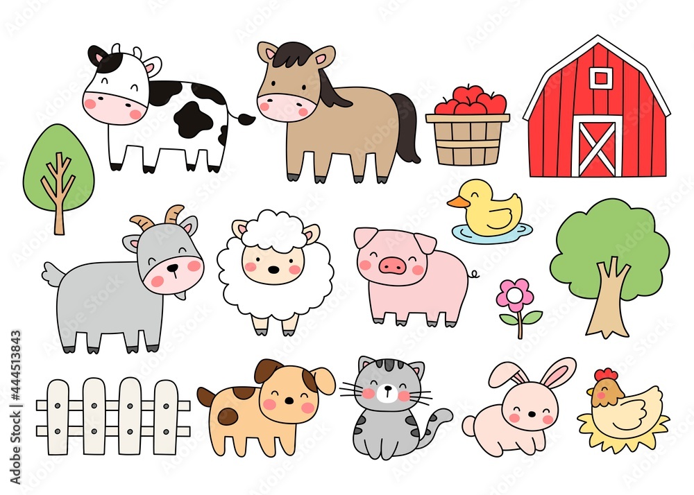 Draw collection animals farm Doodle cartoon style Stock Vector | Adobe ...