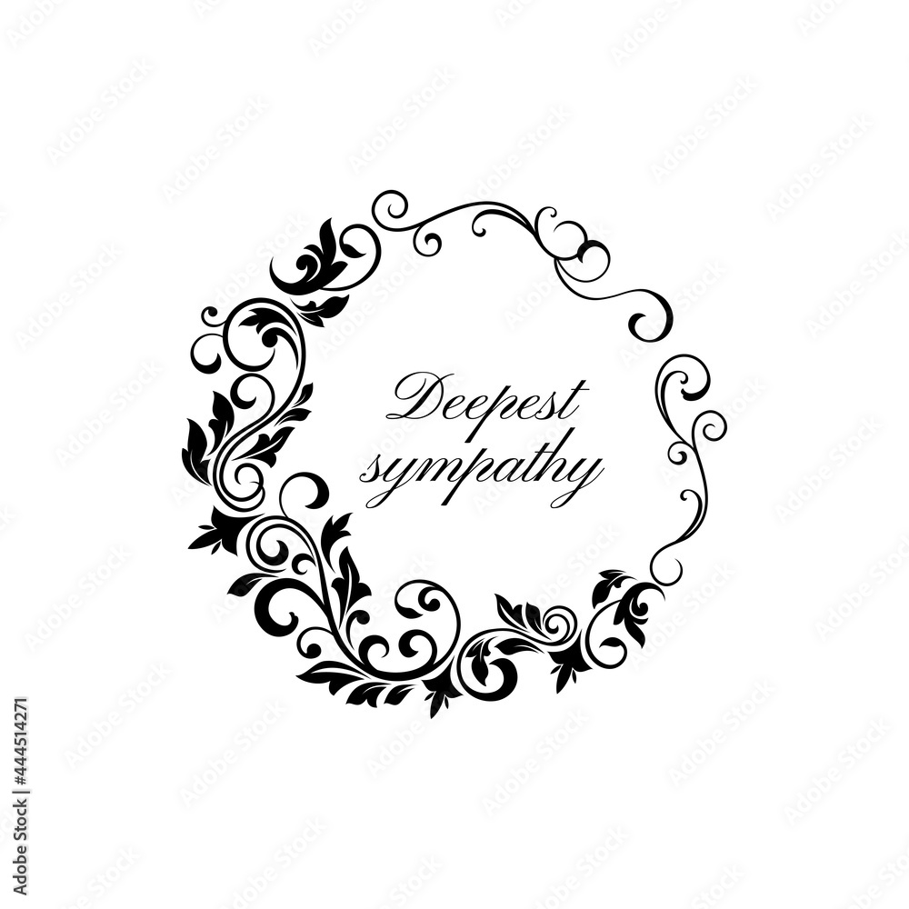 Funeral obituary card with frame for condolences, flower wreath, vector ...