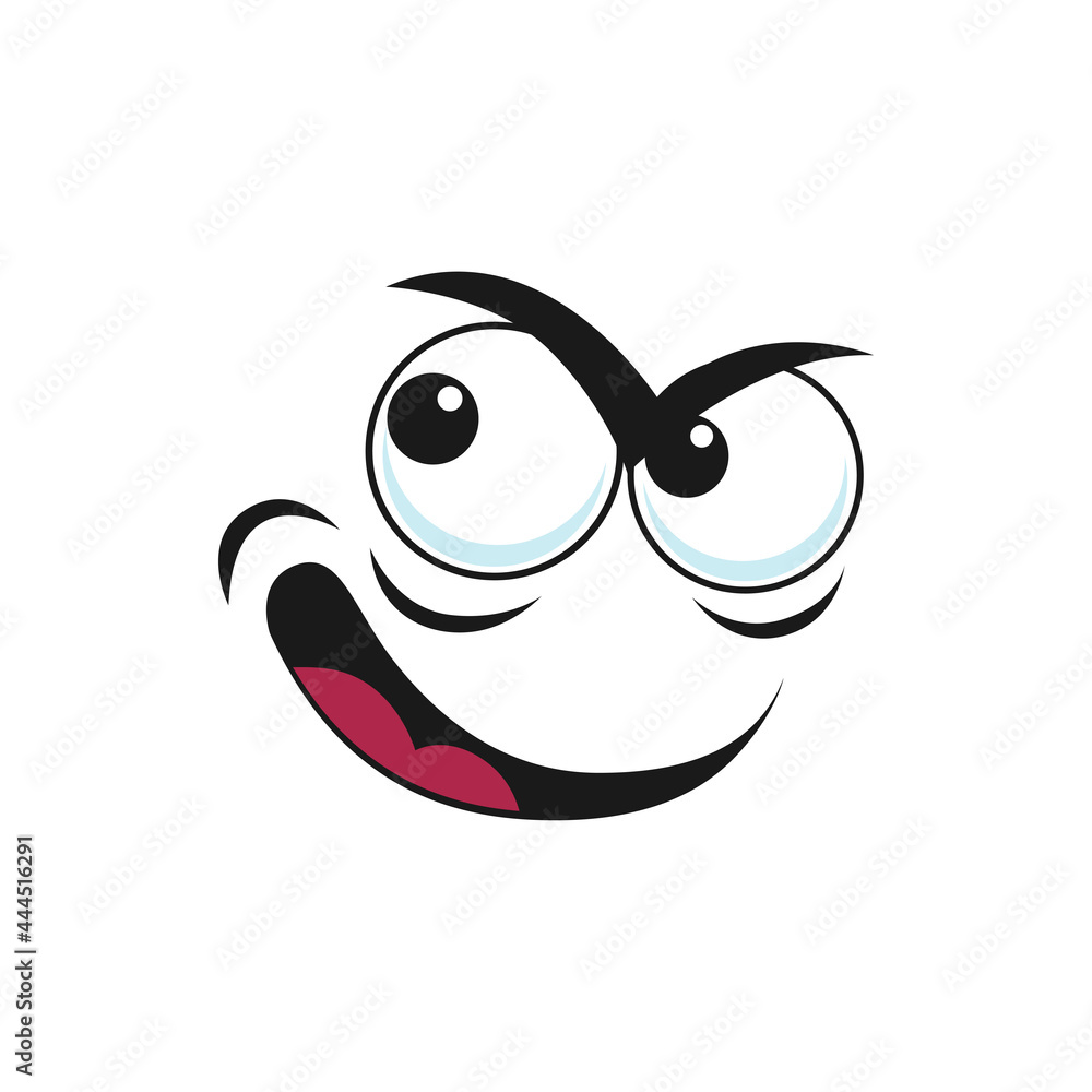Cartoon plot face vector gloat smile emoji with angry eyes and smiling ...