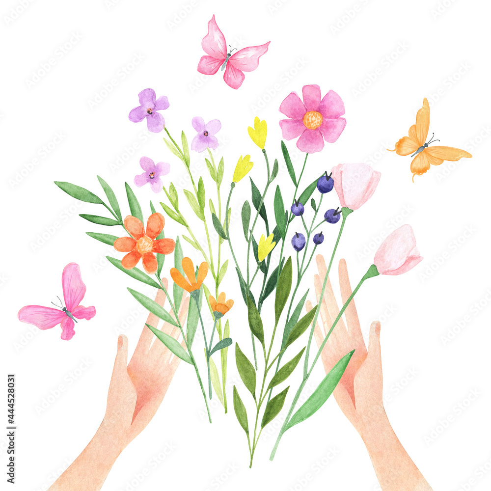 Watercolor hands with flowers. Png clipart Stock Illustration | Adobe Stock
