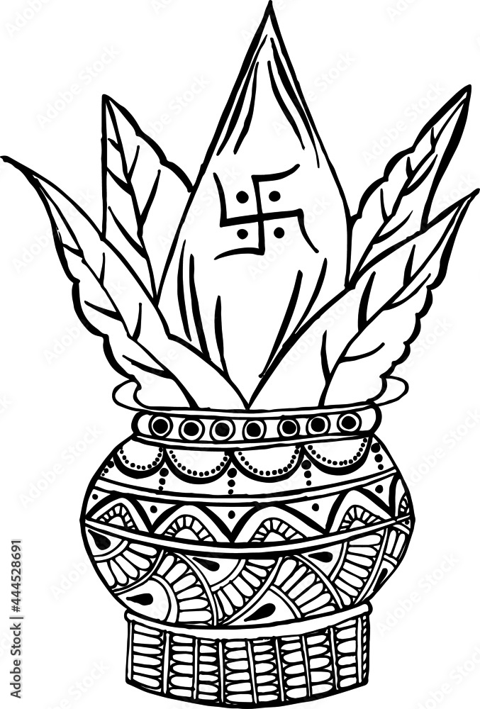 Indian wedding symbol Kalash line art drawing with creative henna ...