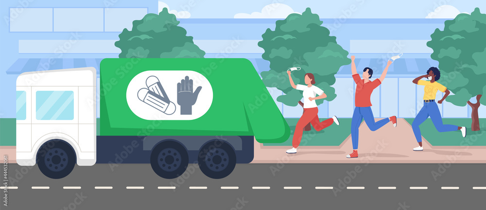 End of covid flat color vector illustration. Throwing disposable masks ...