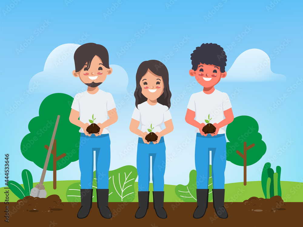 Young people animation Planting trees to save the world. Cartoon vector ...