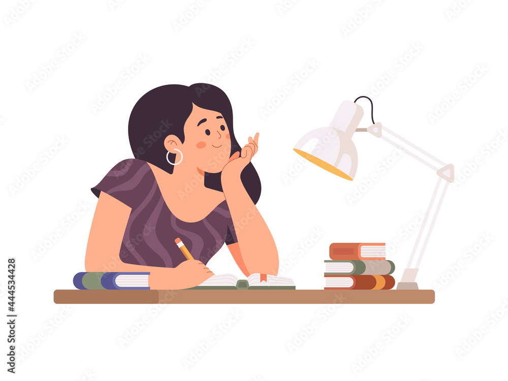 Student girl studying with books. Woman write journal or diary. Vector ...