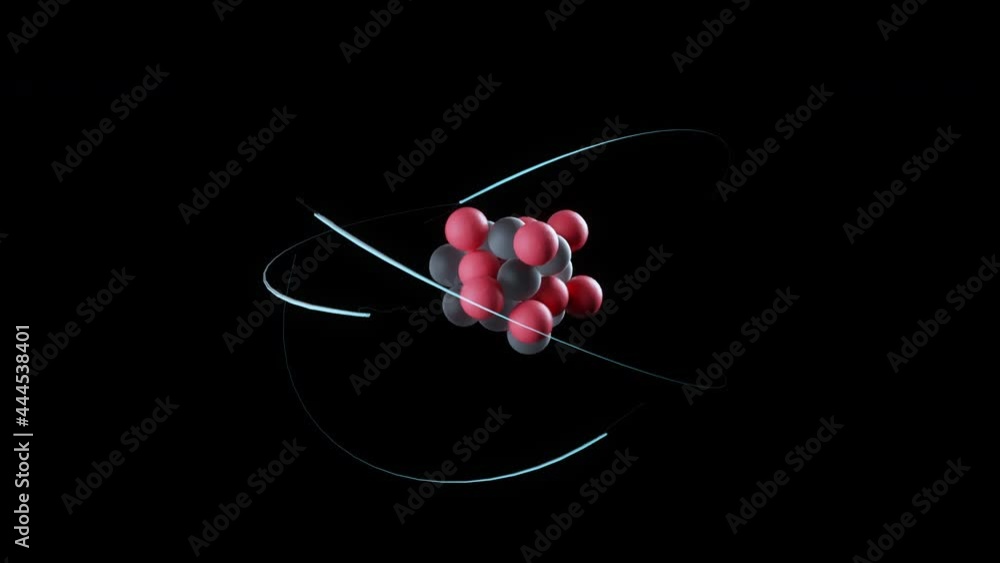 Standard model of atom on black background, atomic nucleus consisting ...