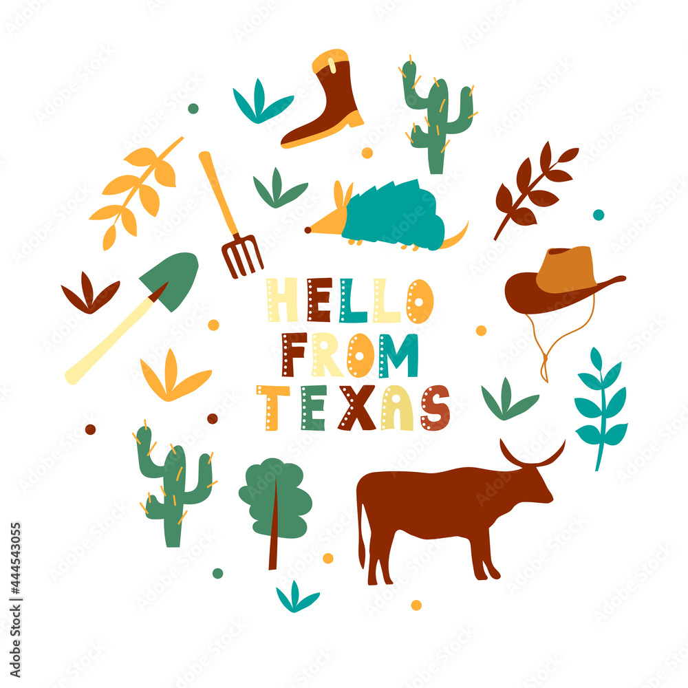 Illustrated map of the state of Texas in United States with state ...