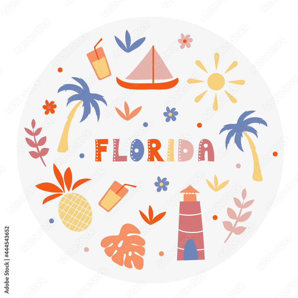USA collection. Vector illustration of Florida. State Symbols - round ...