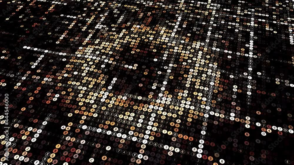 Randomly changing symbols inside blinking circles on black background ...