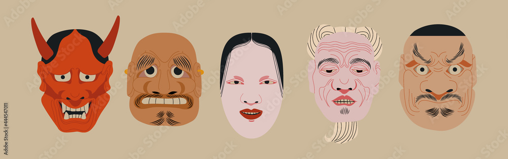 Vector set of different Japanese Noh masks for Japan theater. All ...