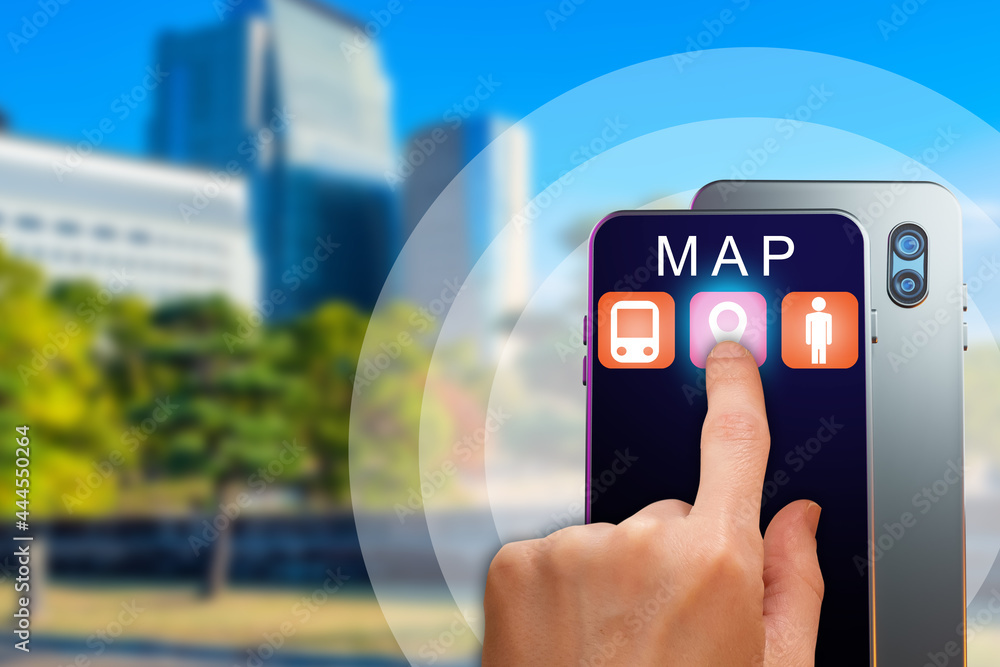 Maps in smartphone. Navigation using the mobile app. GPS navigation map ...