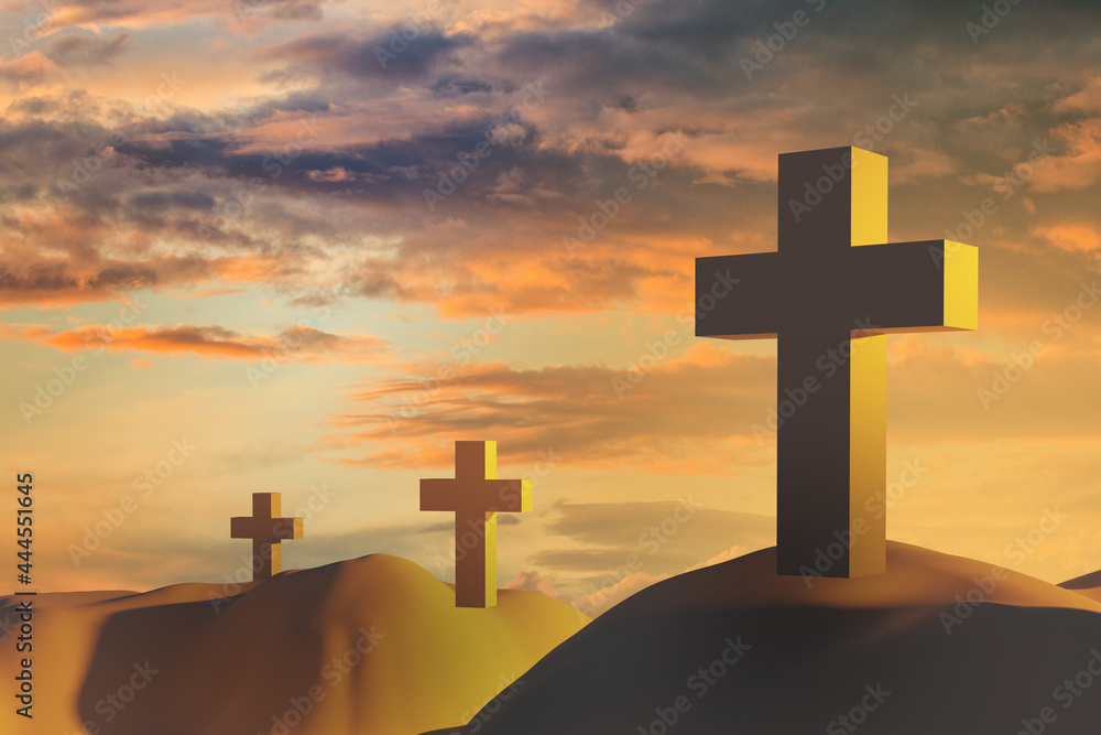 Three Christian crosses on the mountains. Symbols of Christianity on ...