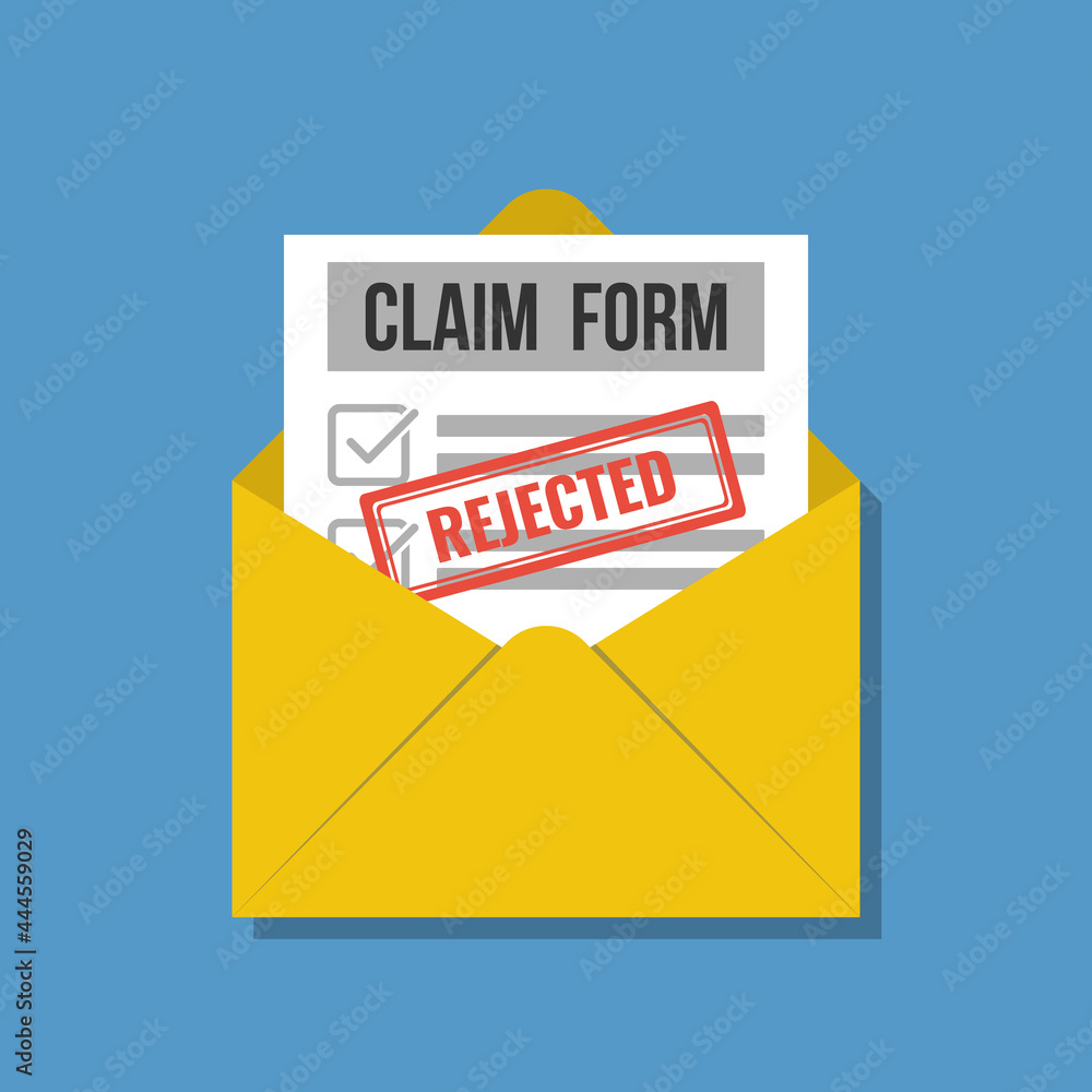 paper document claim form with stamp rejected in opened envelope, flat ...