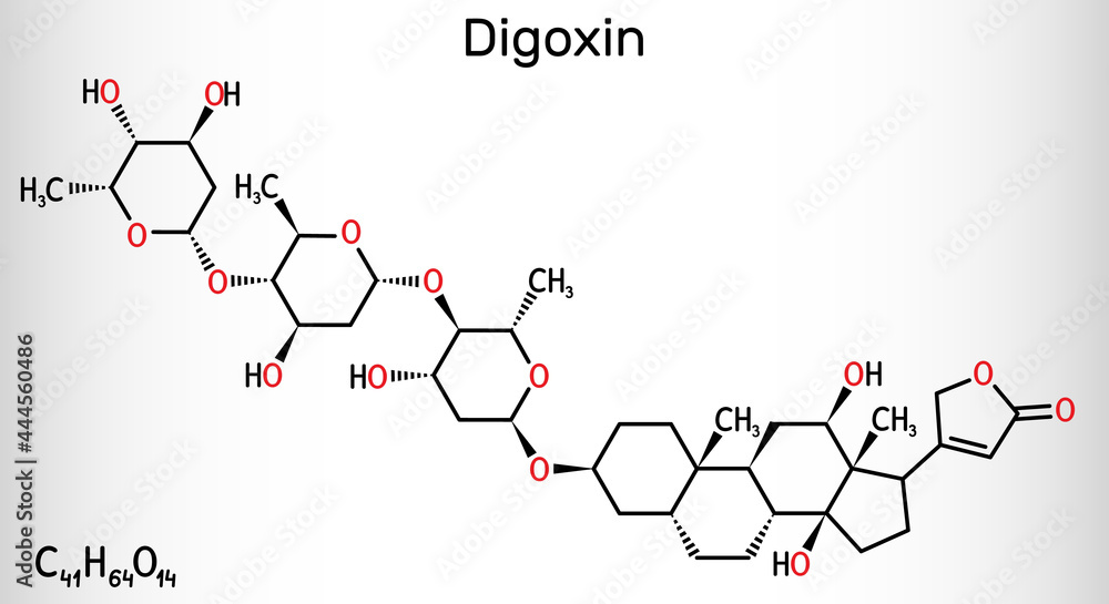 Digoxin, molecule. It is cardiac glycoside, cardiovascular medication ...