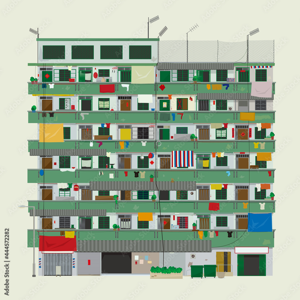 Vector illustration of a typical public housing estate in old Hong Kong ...
