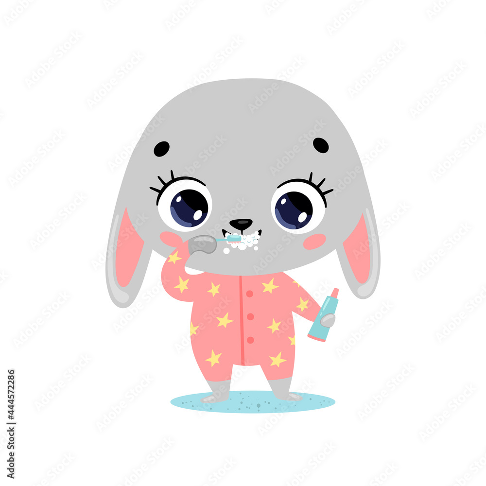 Vector flat doodle cute cartoon baby bunny brushing teeth. Animals ...