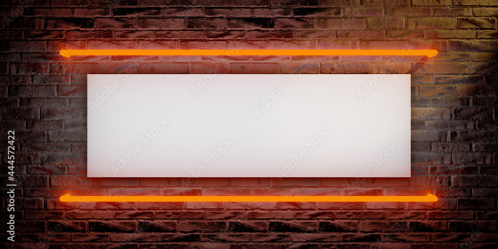 Neon light. White brick wall with two horizontal orange neon tubes ...