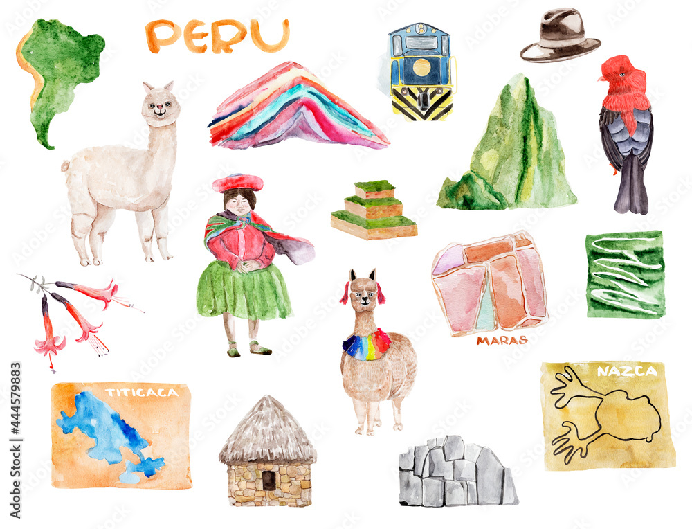 Peru landmarks, symbols, machu picchu watercolor set. Template for ...