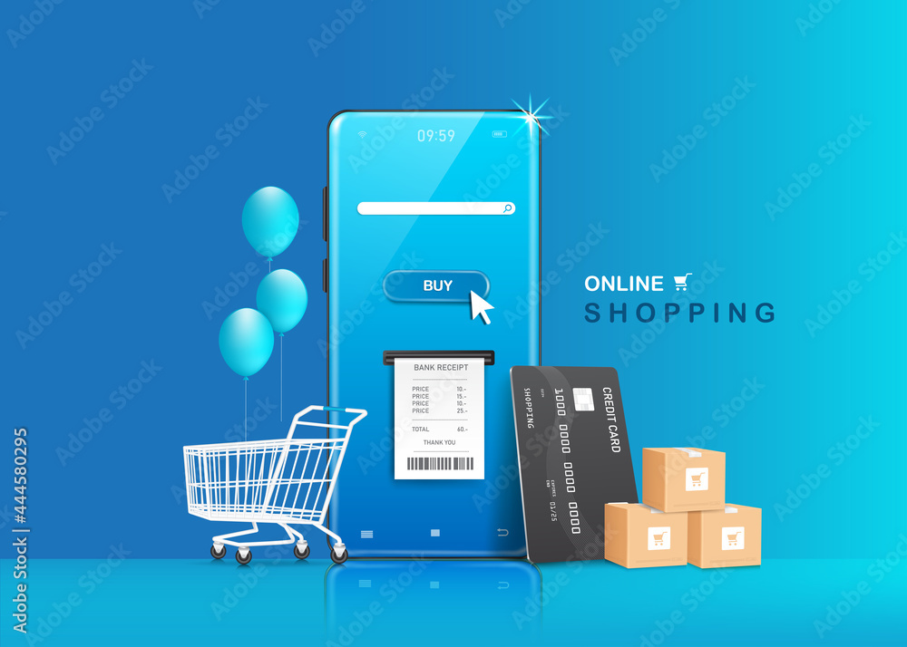 Credit card,parcel box,shopping cart is placed next to the smartphone ...