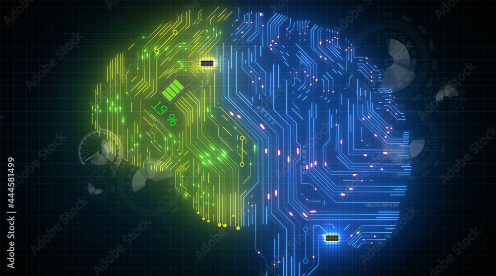 Concept colored circuit board in form of human brain, Hud display and ...