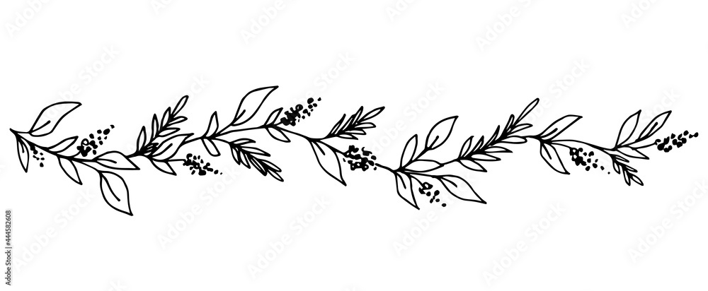 Simple hand-drawn vector drawing in black outline. Long floral banner ...