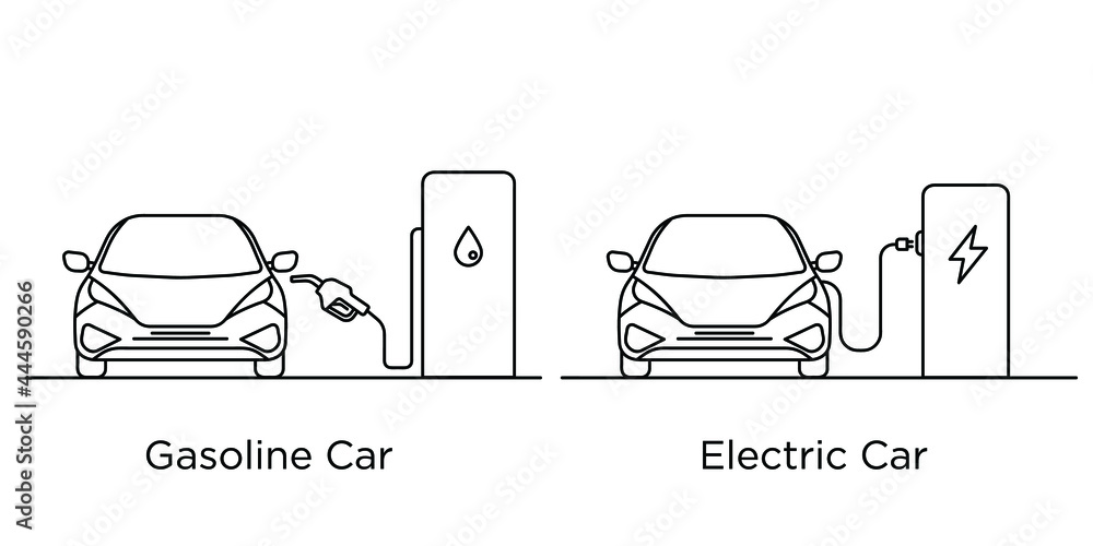 Gasoline Car vs Electric car. Vector black and white line drawing ...