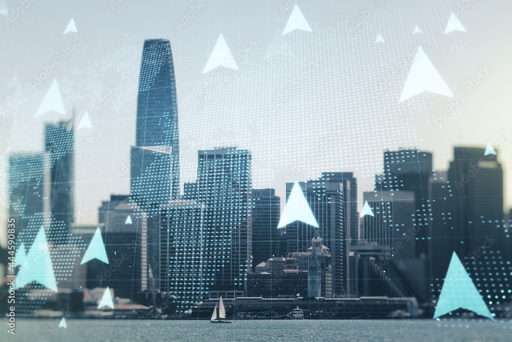 Abstract virtual geolocations map sketch on San Francisco office ...