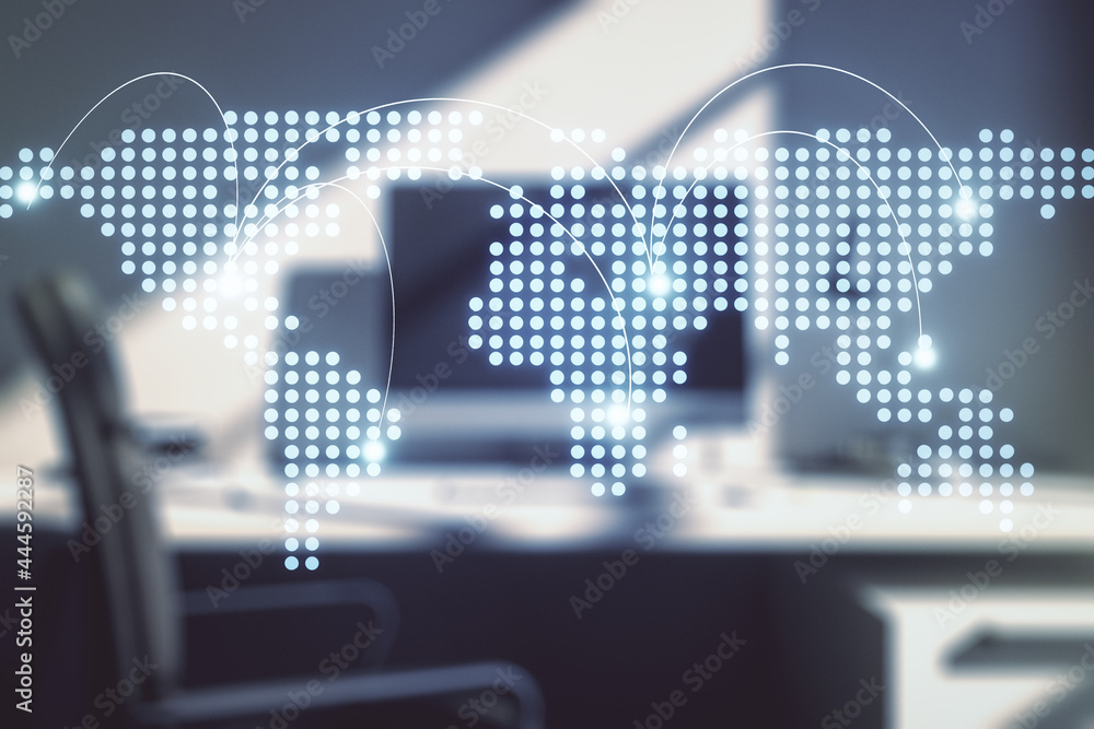 Abstract creative world map with connections and modern desktop with ...