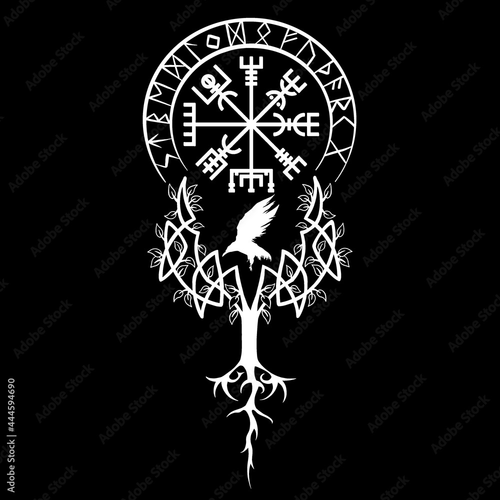 Black crow raven bird silhouette with viking symbol vegvisir yggdrasil ...