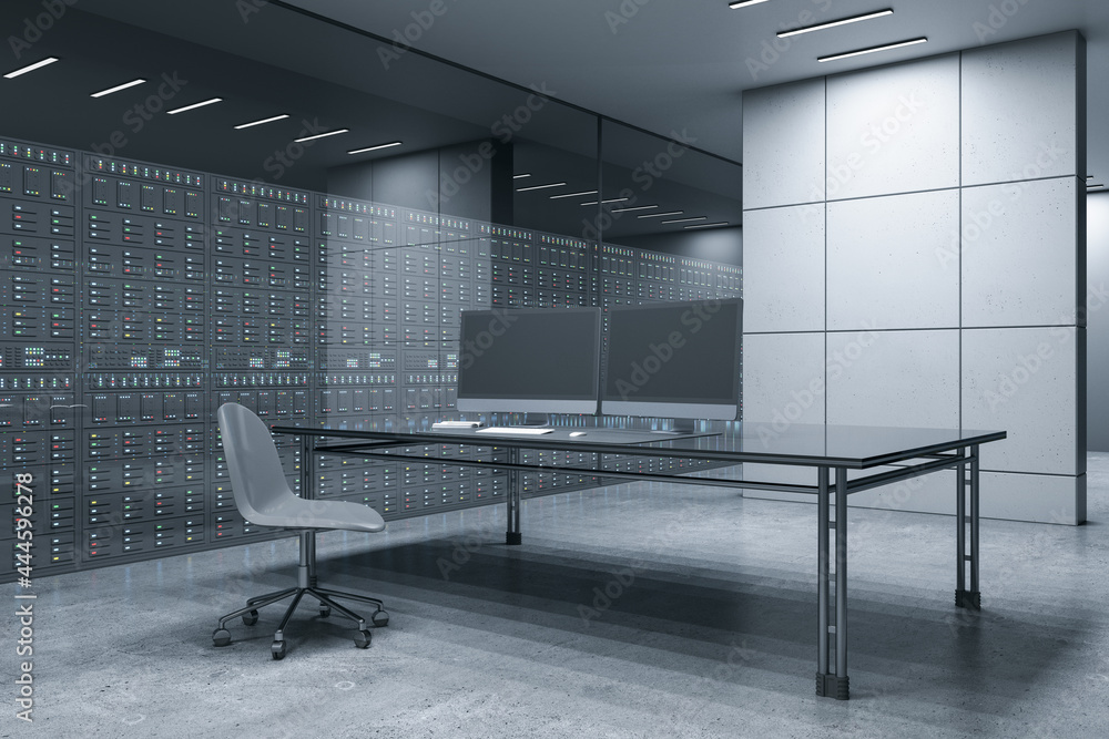 Contemporary futuristic server room office interior with desk and empty ...